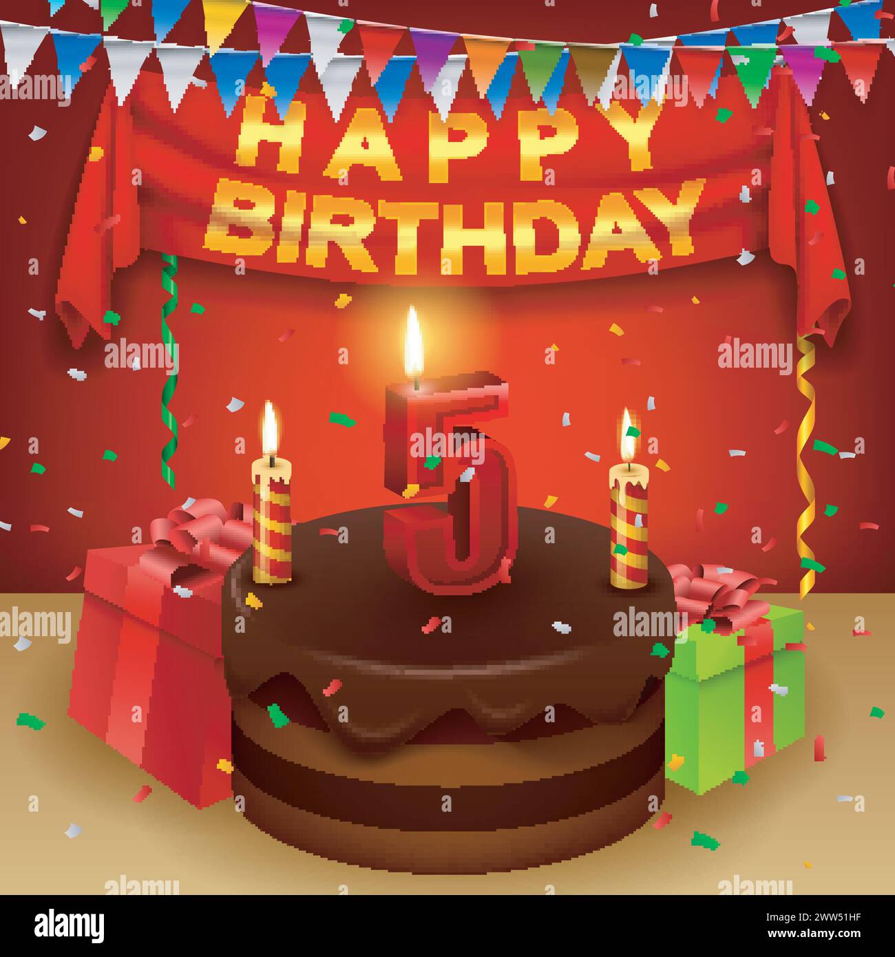 Happy 5th Birthday with Chocolate Cream Cake and Triangular Flag ...