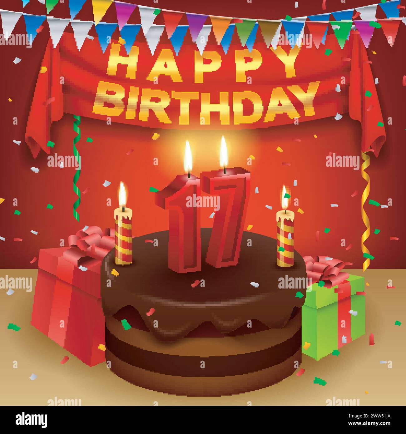 Happy 17th Birthday with Chocolate Cream Cake and Triangular Flag ...