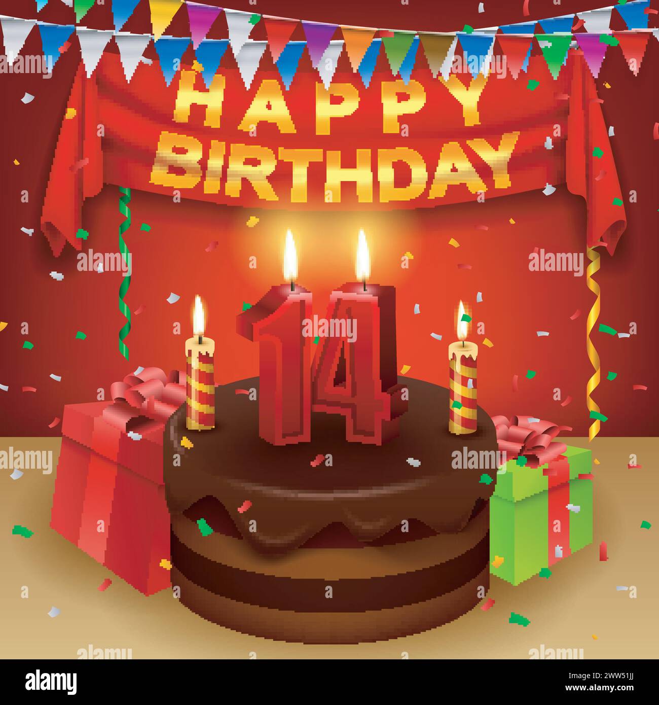 Happy 14th Birthday with Chocolate Cream Cake and Triangular Flag ...