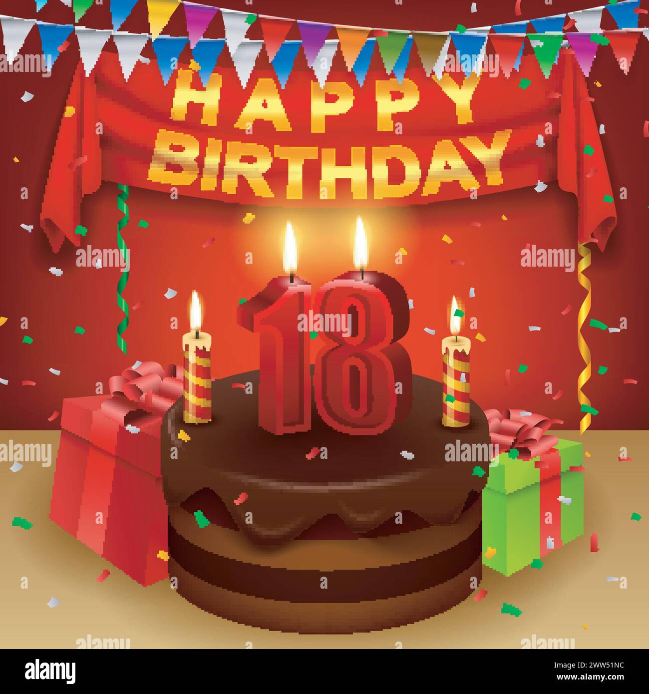 Happy 18th Birthday with Chocolate Cream Cake and Triangular Flag ...