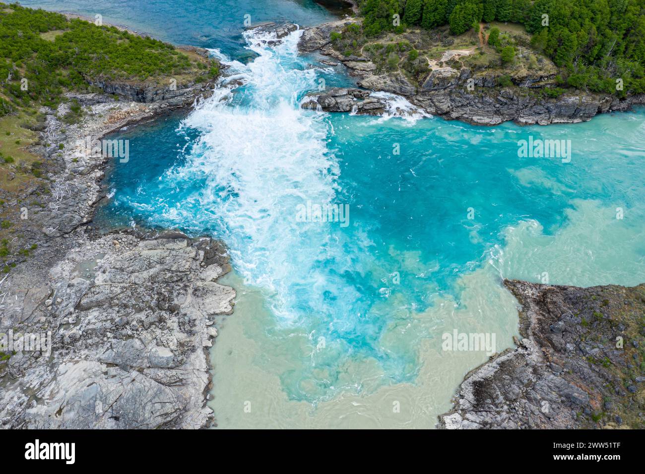 Confluence of river Rio Baker and Rio Neff, aerial view, muddy water of ...