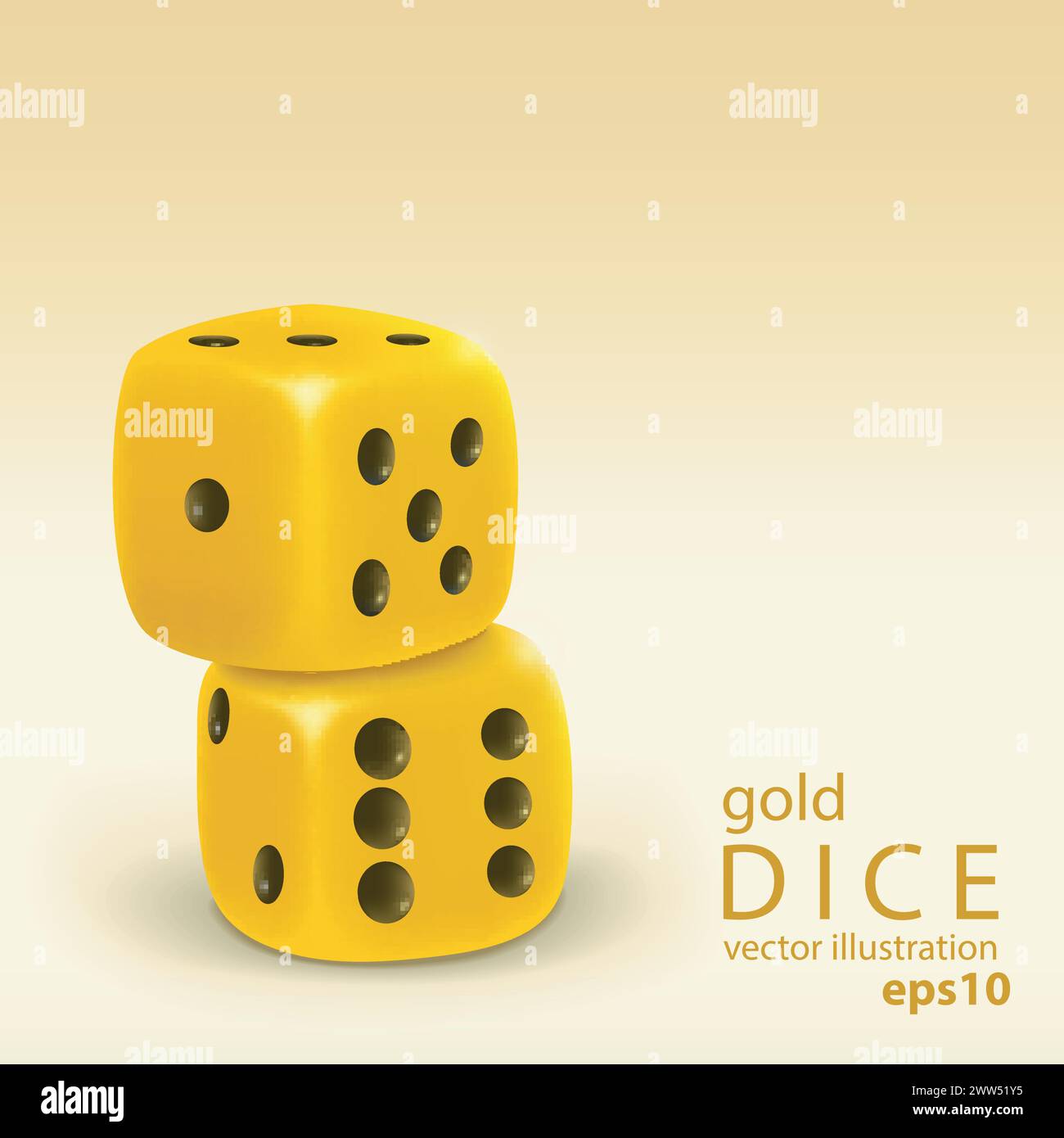 Realistic Two Gold Dice Stacked on Light Yellow Background, Vector ...