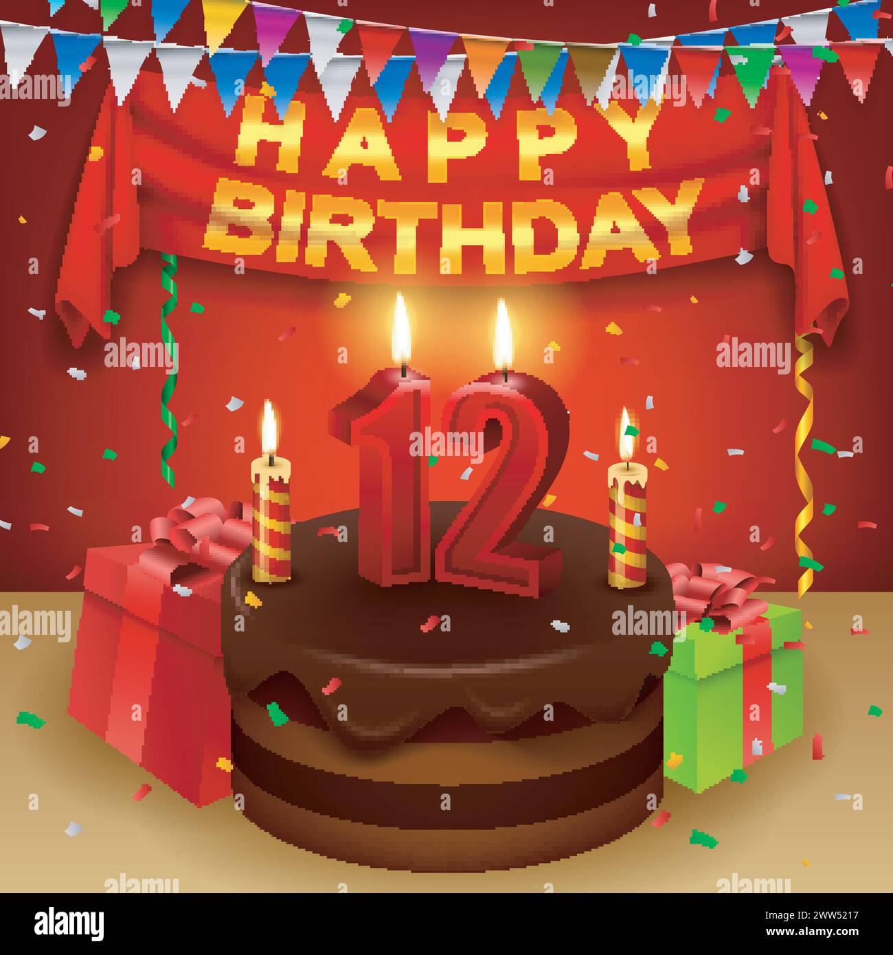 Happy 12th Birthday with Chocolate Cream Cake and Triangular Flag ...