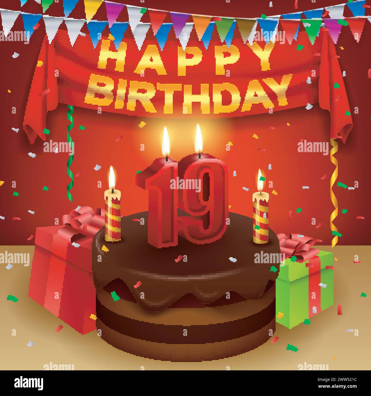 Happy 19th Birthday with Chocolate Cream Cake and Triangular Flag ...