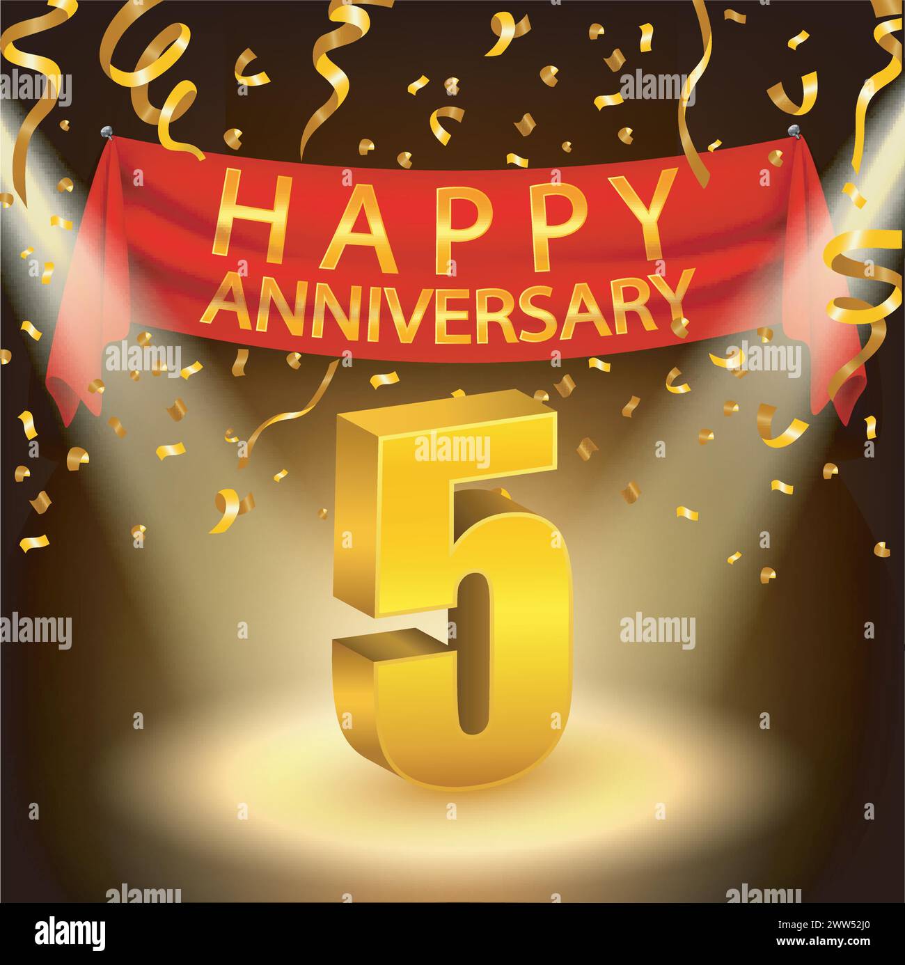 Happy 5th Anniversary Celebration with Golden Confetti and Spotlight ...