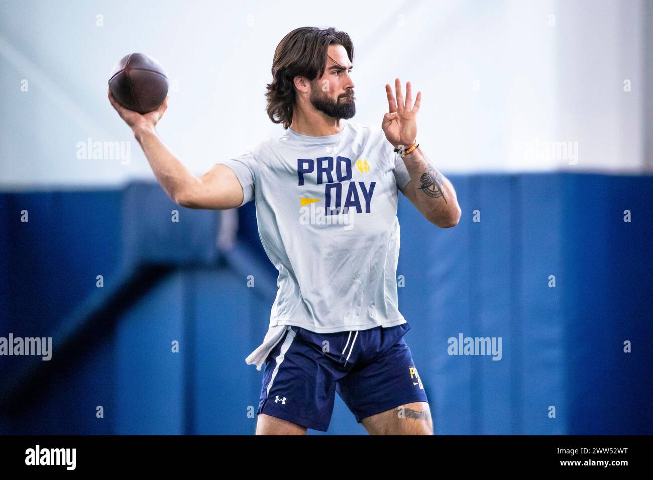 Notre Dame quarterback Sam Hartman warms up during NFL pro day football ...