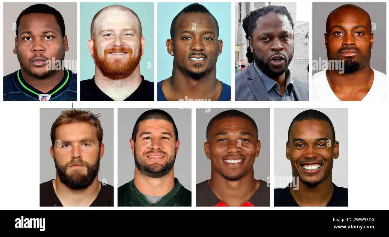 FILE - This combo of file photos shows 9 of the 10 retired NFL football players who have accused ...