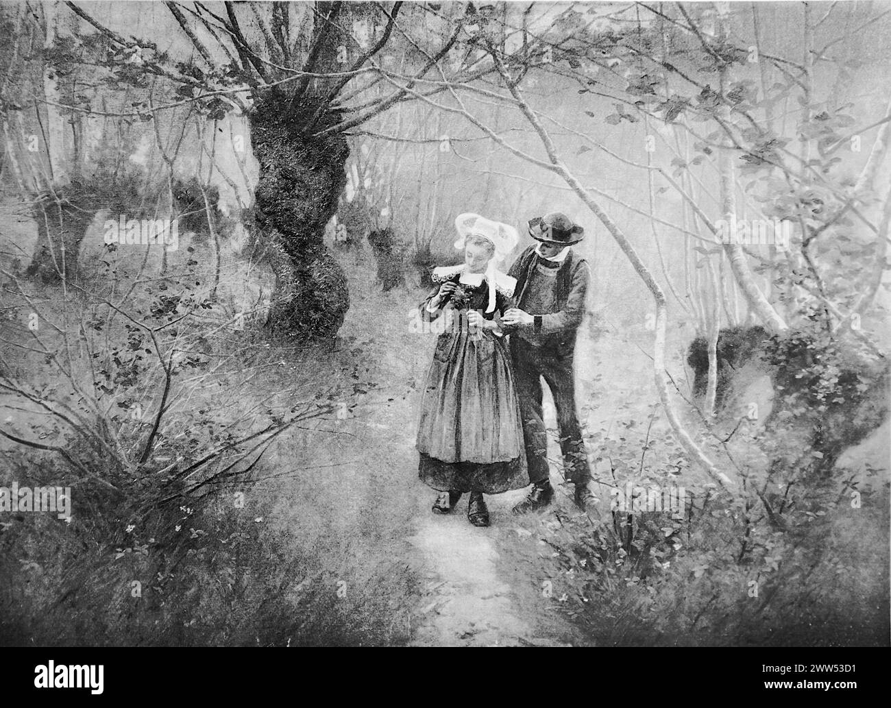 The Rendezvous, a man and lady meeting in a forest, from the painting ...