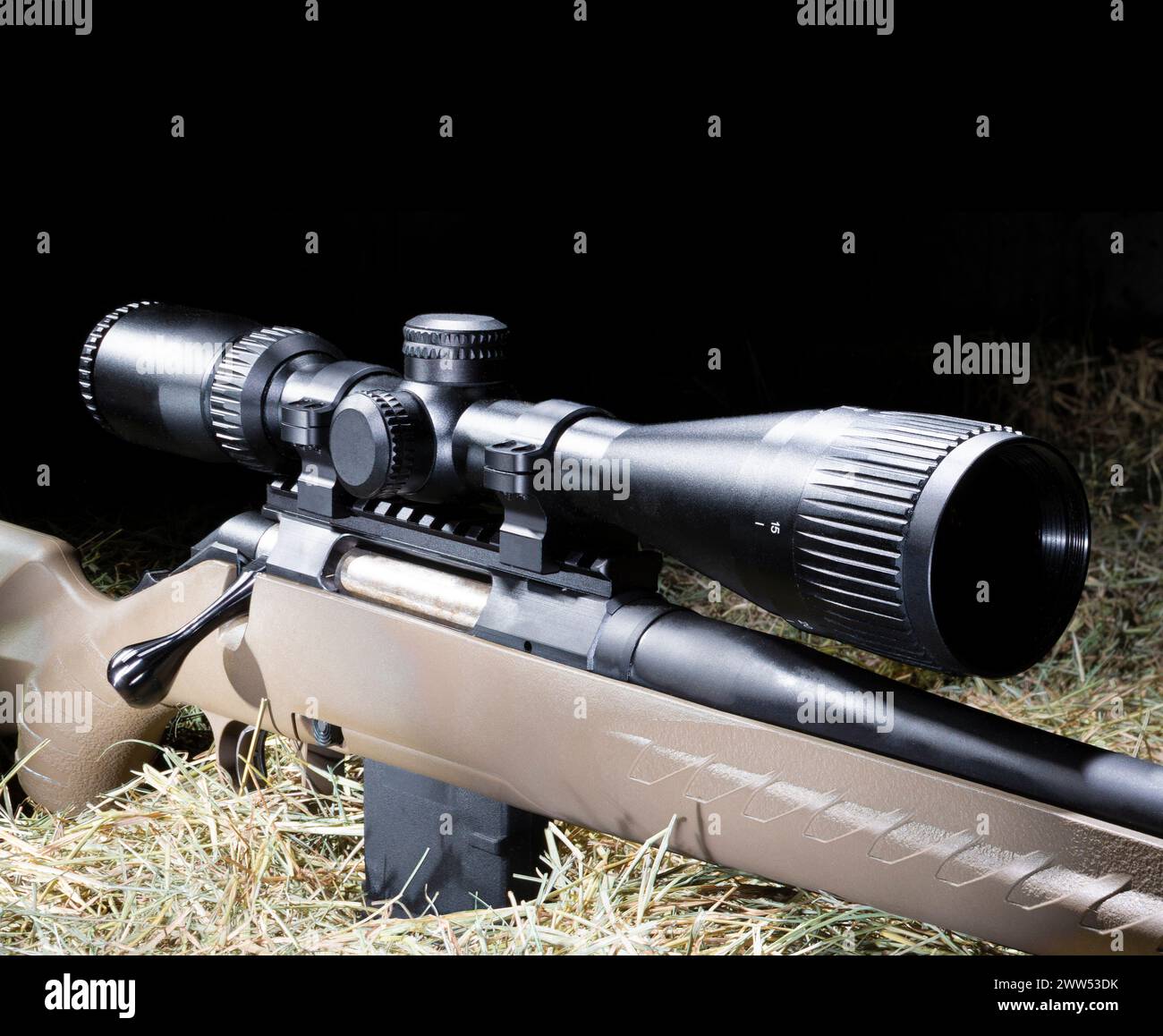 Rifle scope with adjustable magnification mounted on a bolt action ...