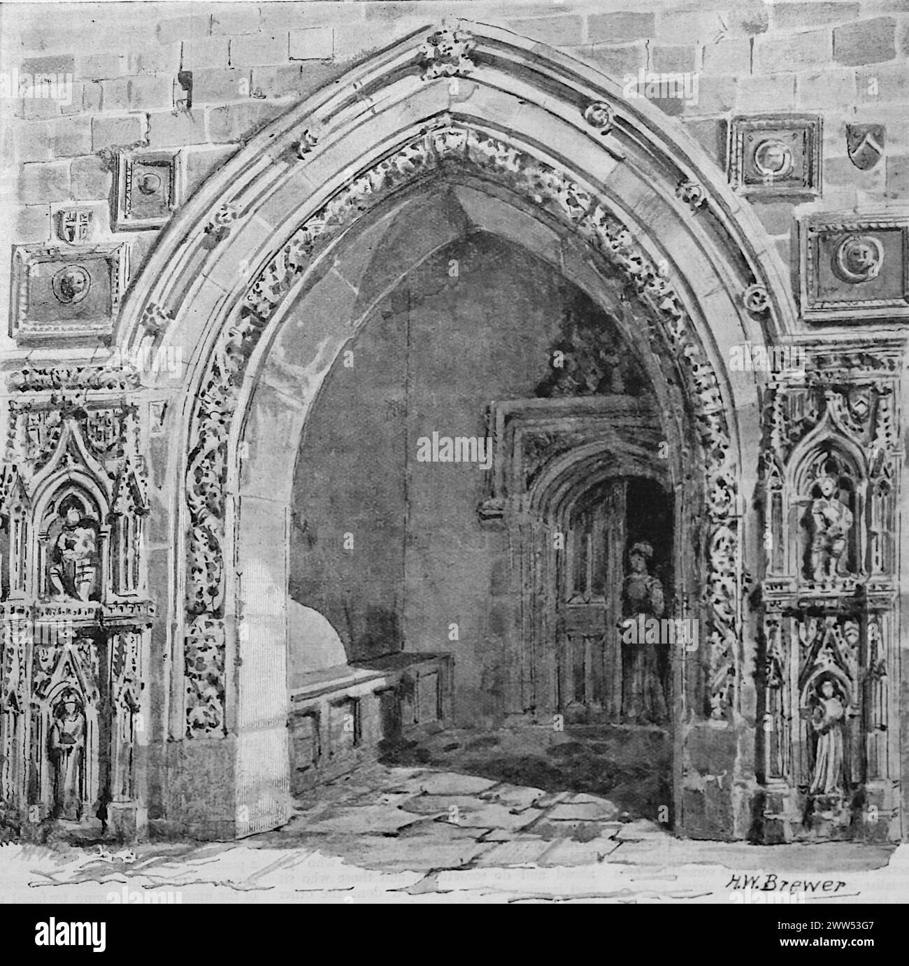 Arched entrance at Arminghall, Norfolk, by H.W. Brewer. Black and white ...