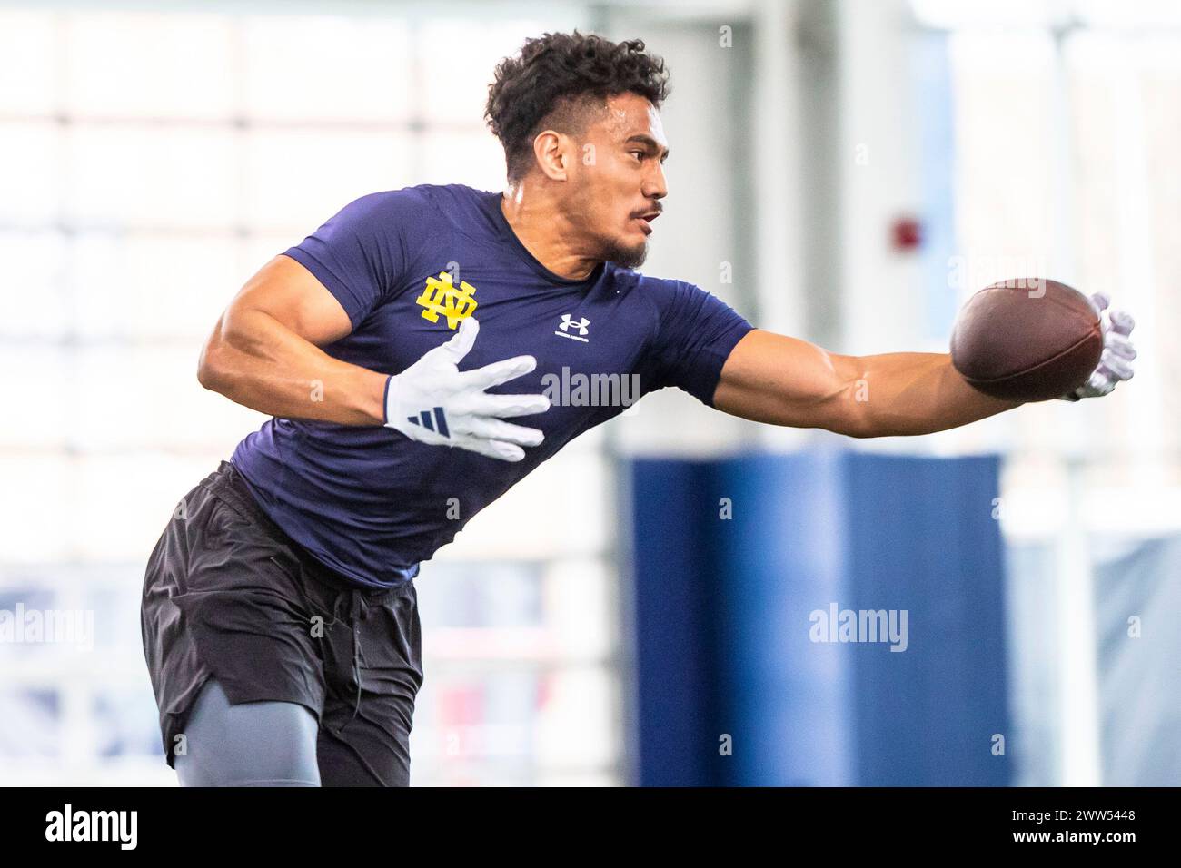 Notre Dame linebacker Paul Moala runs a drill during NFL pro day ...