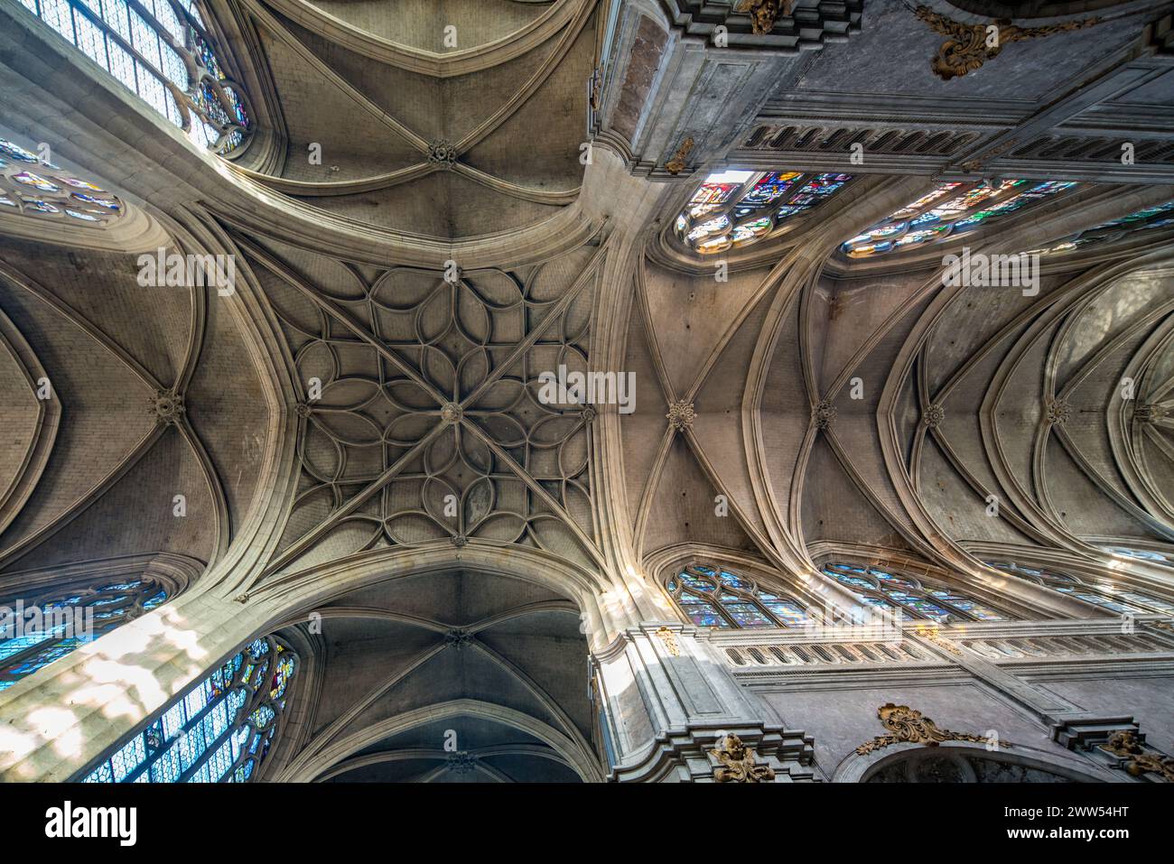 Vaulted ceiling architecture with stained glass from Saint Merri, Paris ...