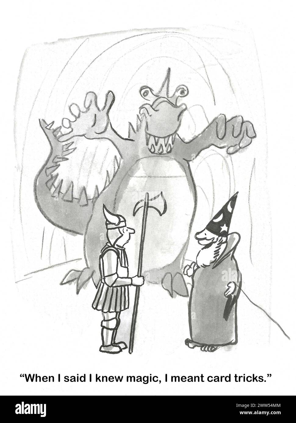 BW cartoon of a wizard whose magic capabilities have been misunderstood ...