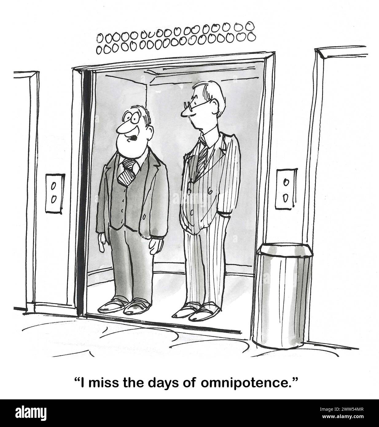 BW cartoon of two professional men, one is saying he misses the 'days ...