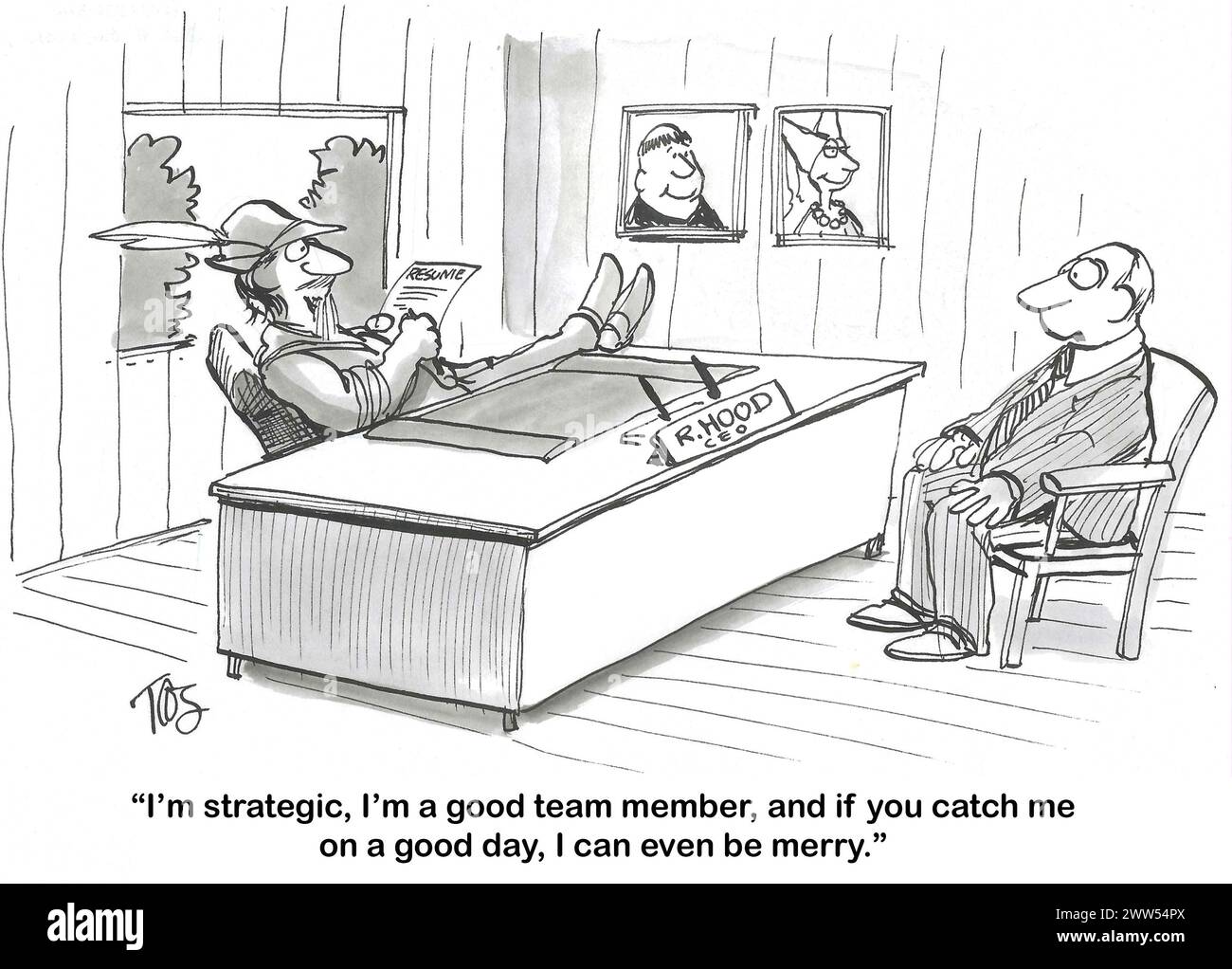 BW cartoon of a man interviewing with Robin Hood, he can even be merry ...
