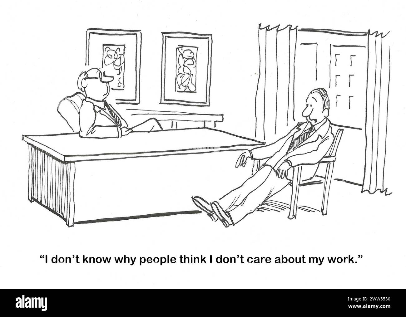 BW cartoon of a dejected professional male, people think he does not ...