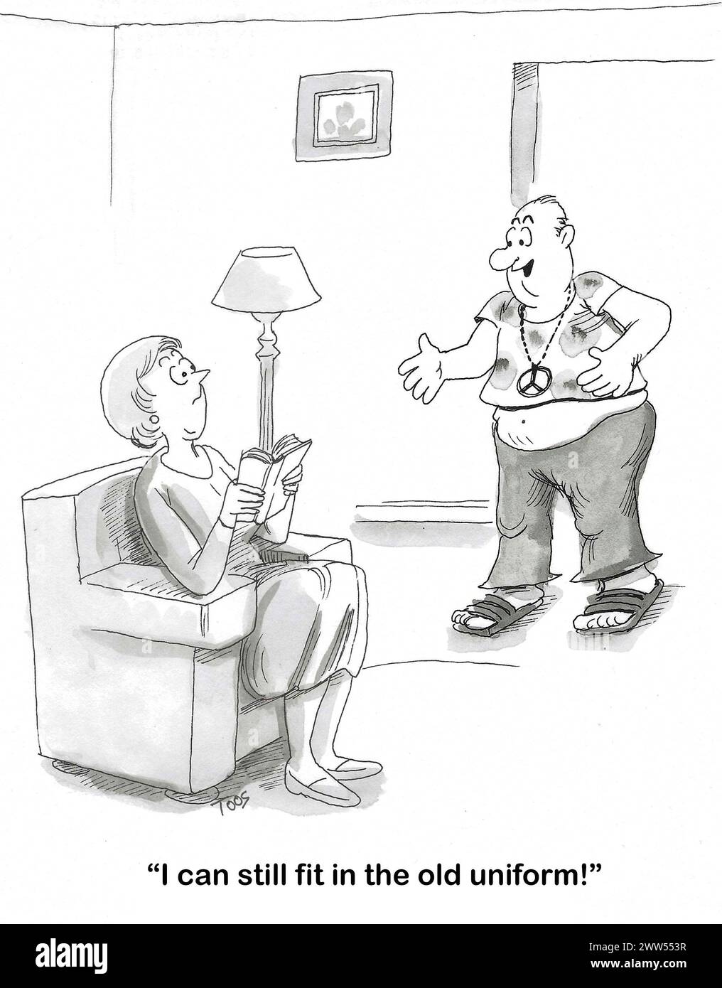 BW cartoon of a husband who is excited he can still (almost) fit in his ...