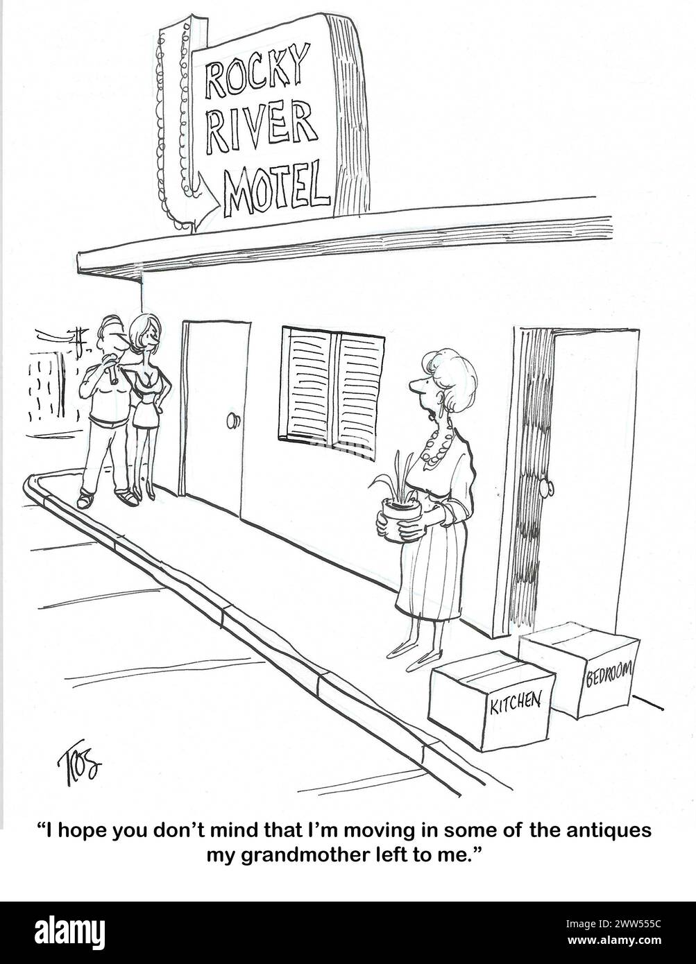 BW cartoon of a woman moving inheritance antiques into a motel room ...