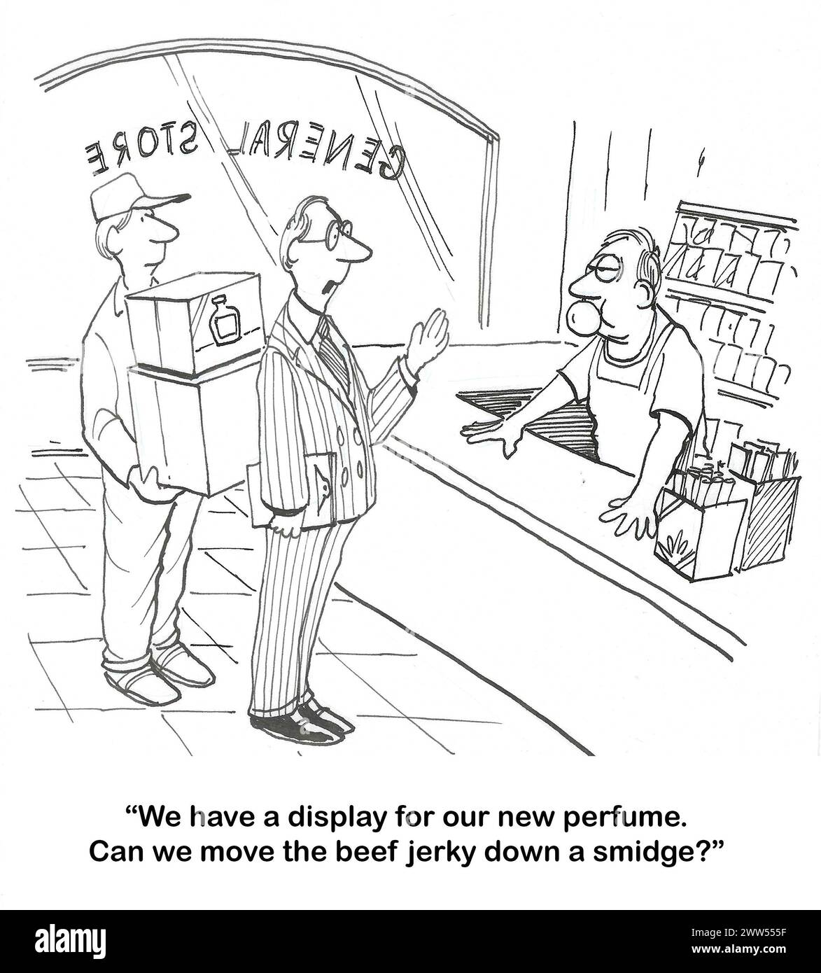BW cartoon of a perfume salesman asking to have the beef jerky moved ...