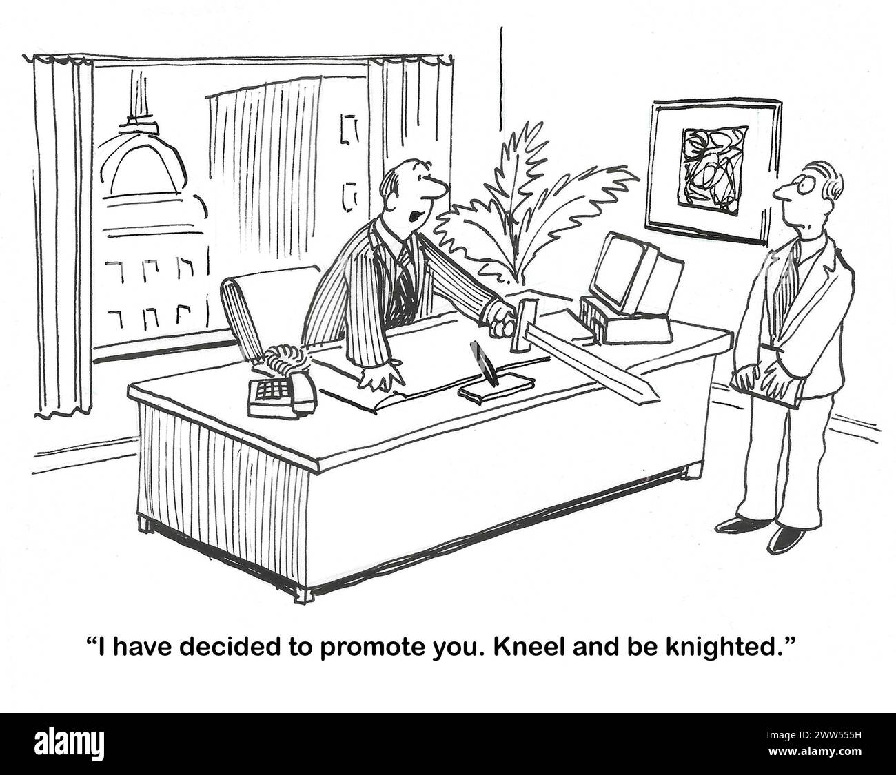 BW cartoon of a boss knighting his worker, because he is getting ...