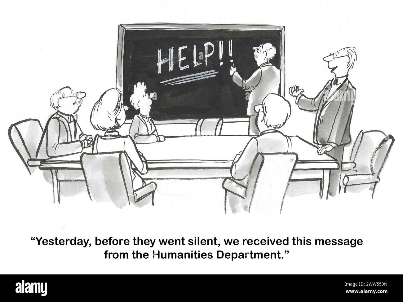 BW cartoon of a university department meeting, the Humanities ...