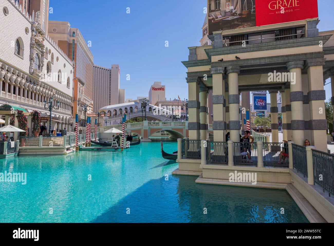 A magnificent view of the Venetian hotel-casino with blue water of an ...