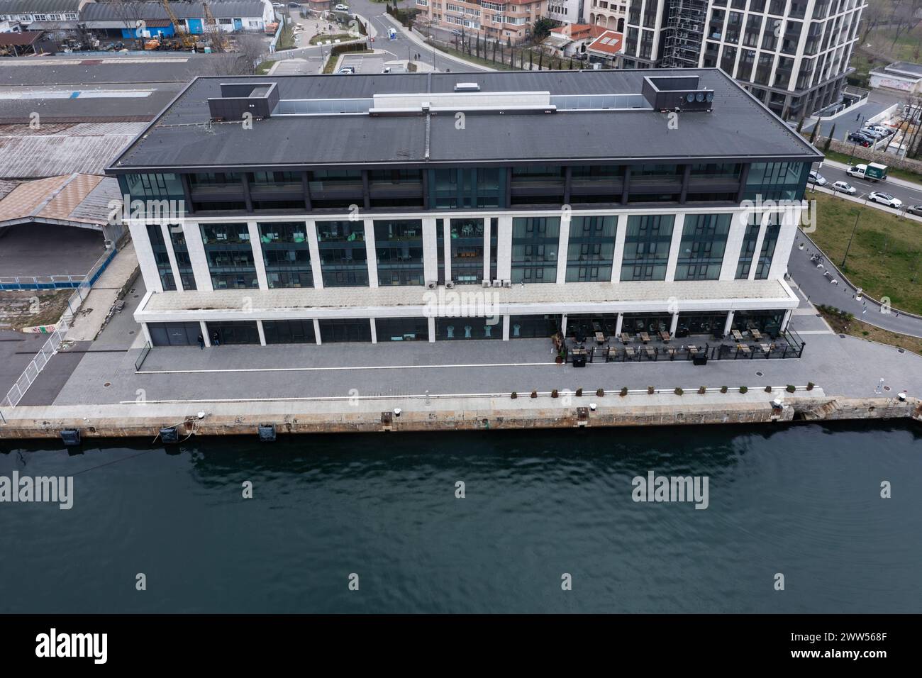 Aerial view to business building and hotel at port of Burgas, Bulgaria ...