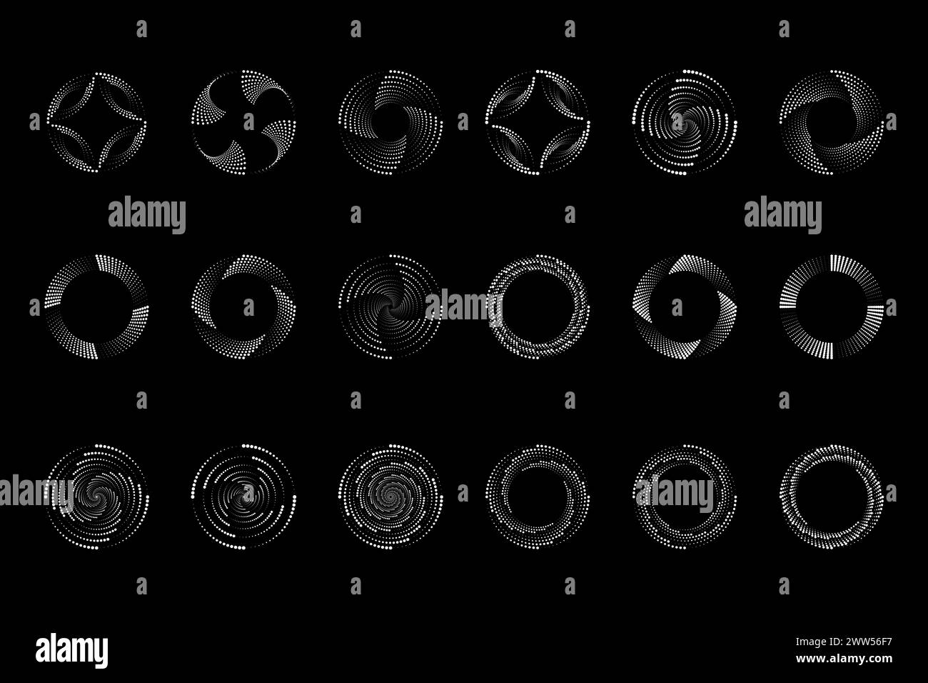 Set white halftone dotted circular speed lines. Abstract vortex ...