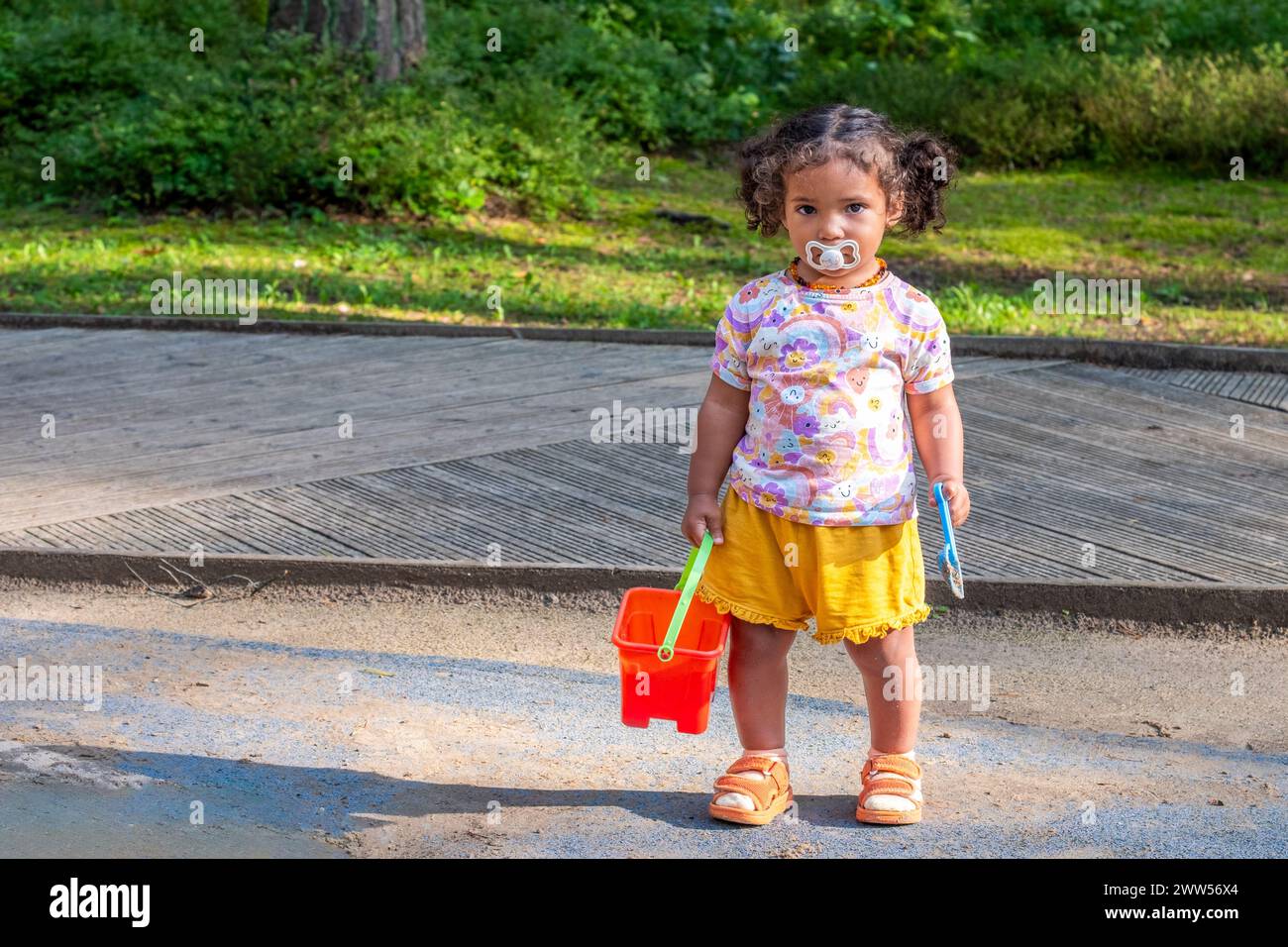 A curious toddler holds a red bucket and spade, pacifier in place ...