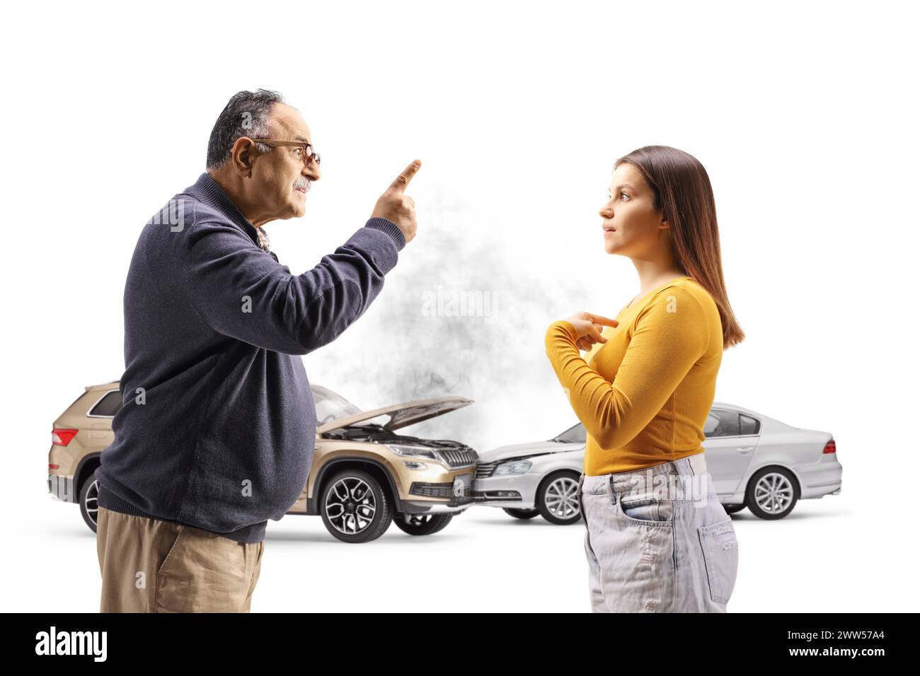 Angry mature male driver having an argument with a young female driver ...