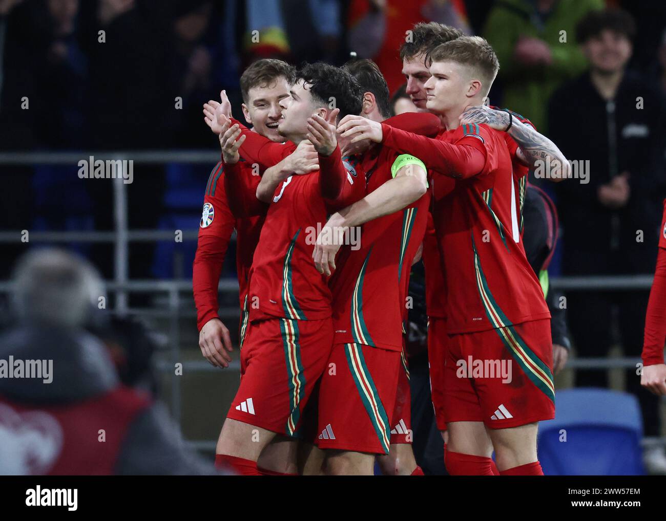 Cardiff, Wales, 21st March 2024. Neco Williams of Wales celebrates ...