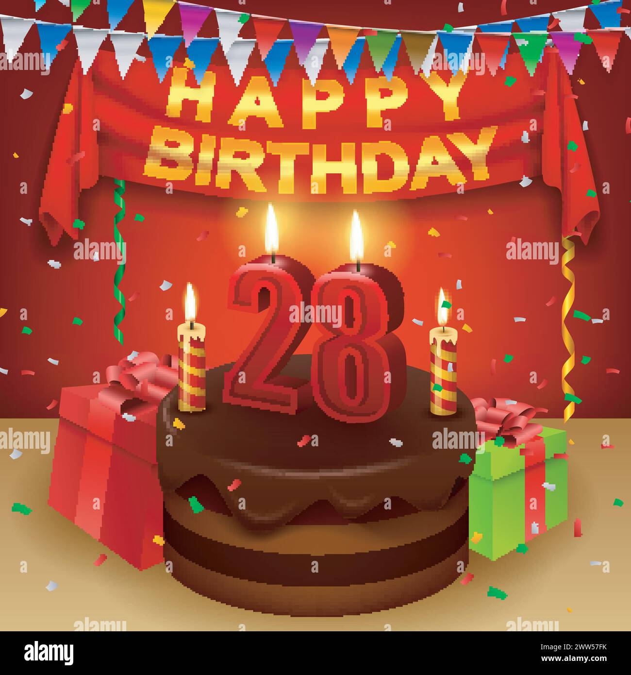 Happy 28th Birthday with Chocolate Cream Cake and Triangular Flag ...