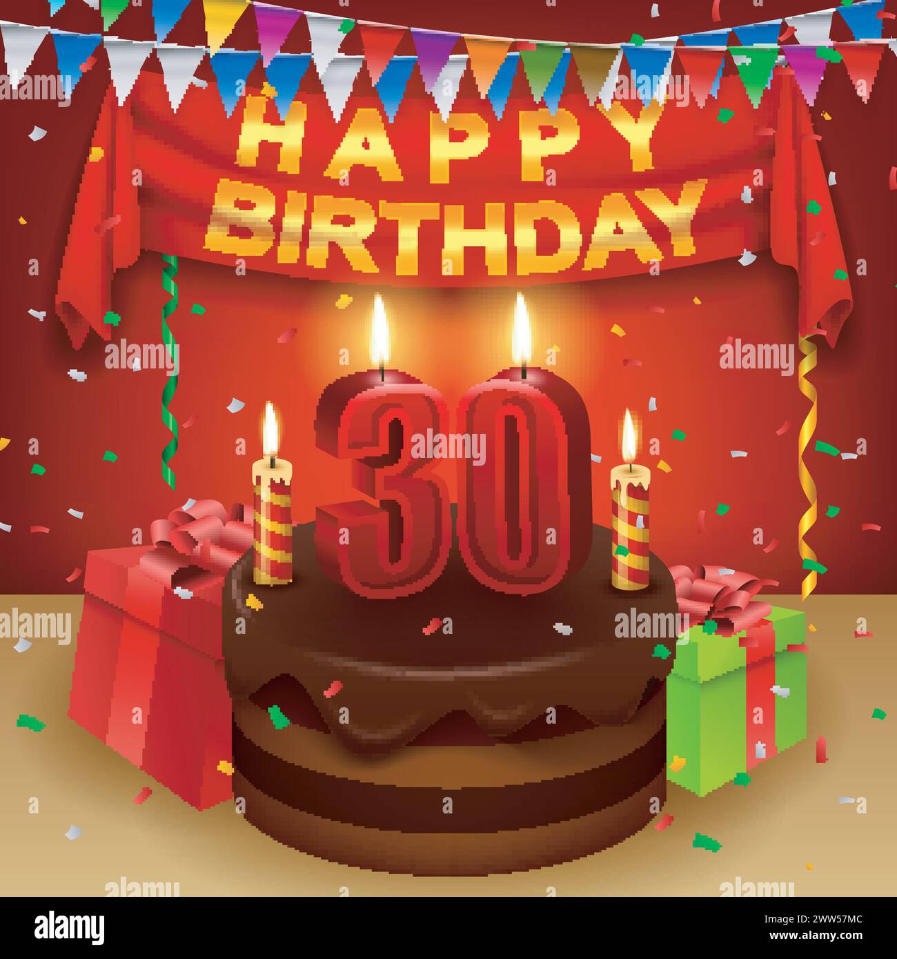 Happy 30th Birthday with Chocolate Cream Cake and Triangular Flag ...