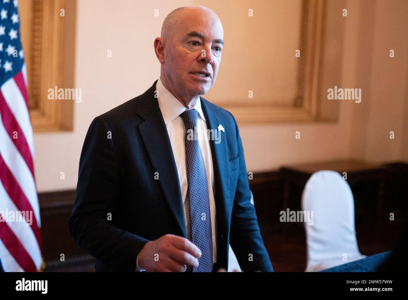 U.S. Homeland Security Secretary Alejandro Mayorkas speaks during an ...