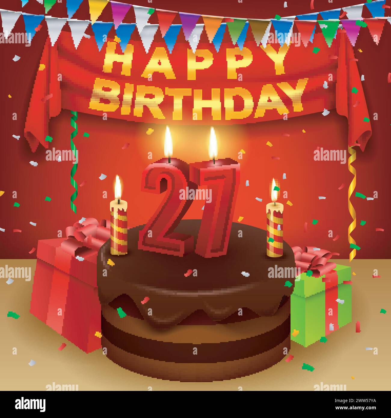 Happy 27th Birthday with Chocolate Cream Cake and Triangular Flag ...