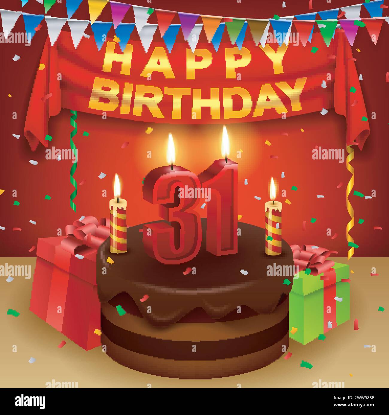 Happy 31th Birthday with Chocolate Cream Cake and Triangular Flag ...