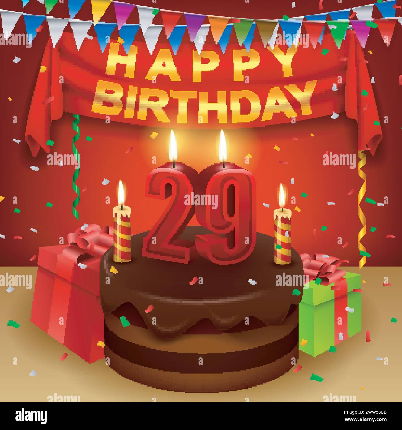 Happy 29th Birthday with Chocolate Cream Cake and Triangular Flag ...