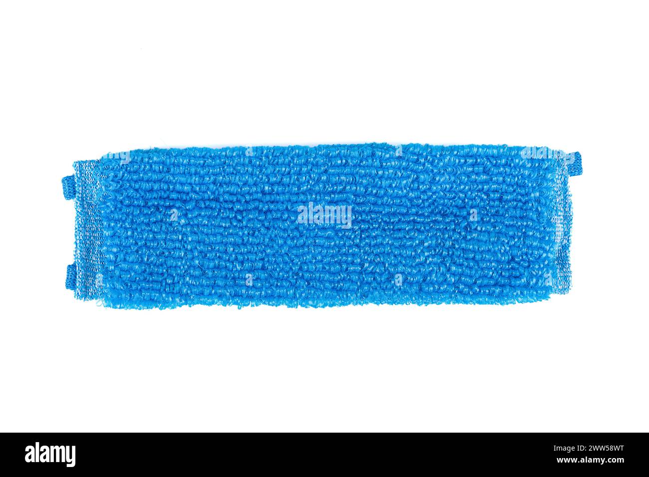 Top view of blue polypropylene thread loofah on white background. Copy ...