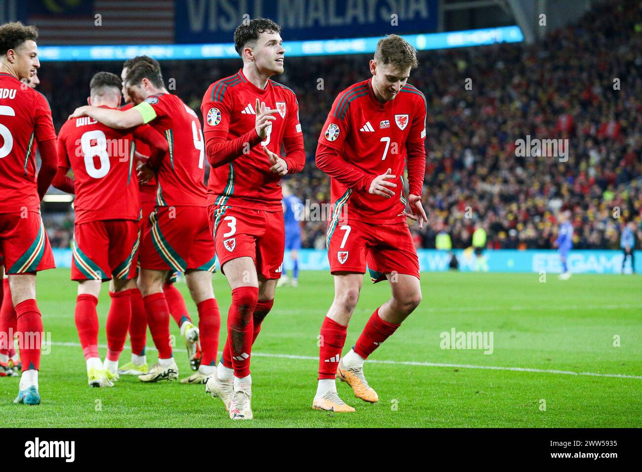 Wales Neco Williams scores a GOAL 2-0 and celebrates with Wales David ...