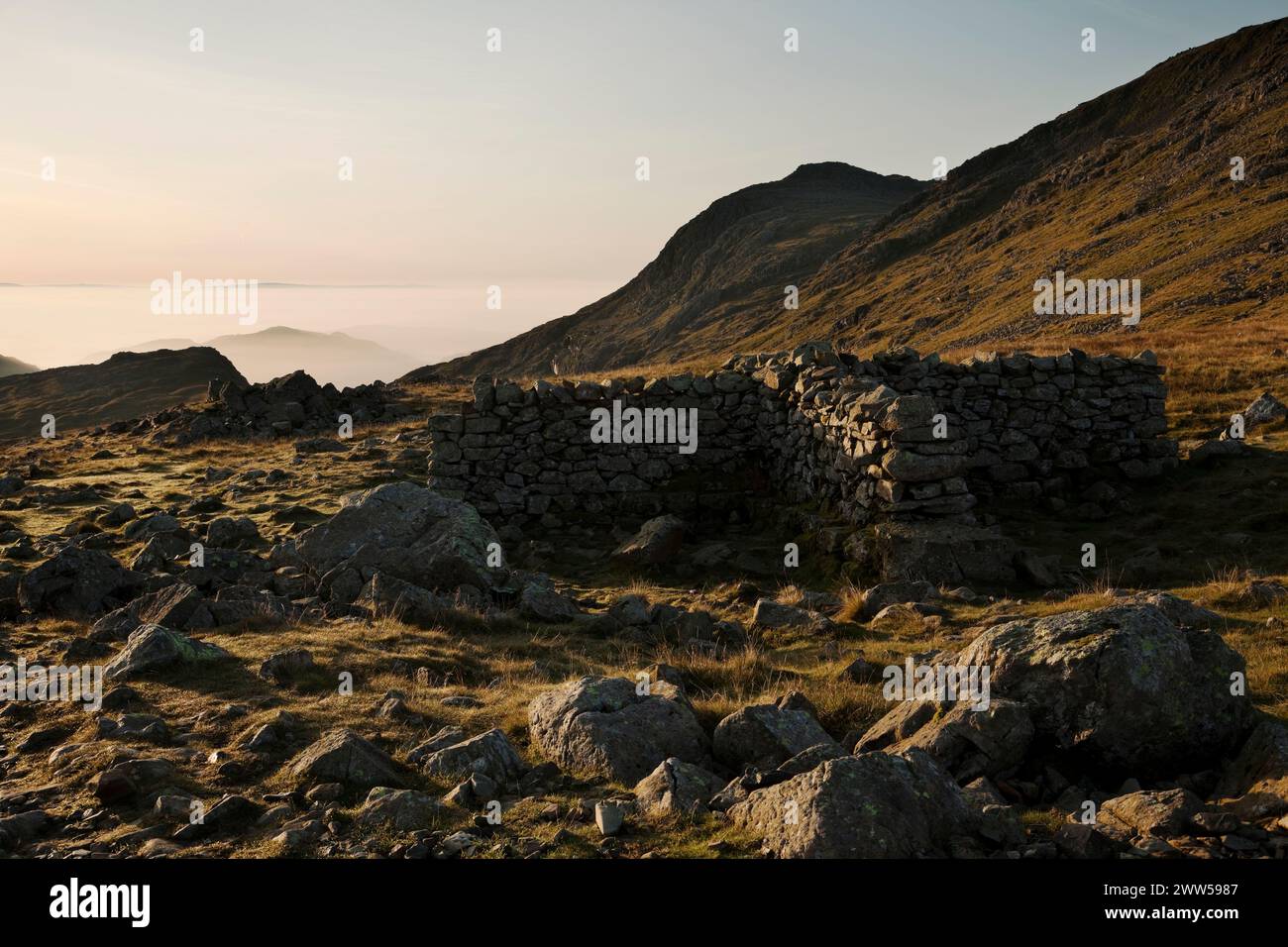 The stone shelter at Esk Hause, a high mountain pass in the English ...