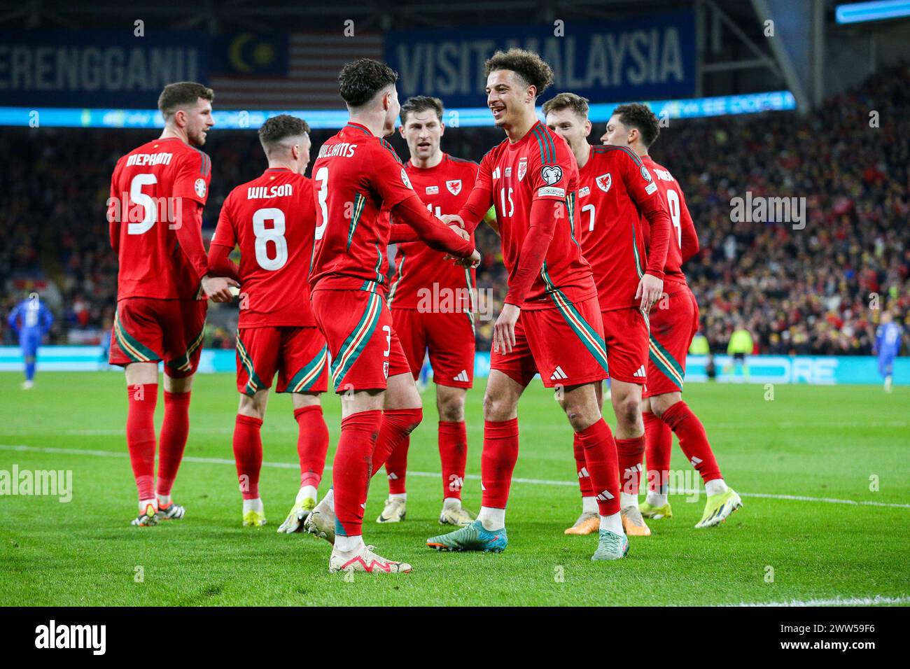 Wales Neco Williams scores a GOAL 2-0 and celebrates with Wales Ethan ...