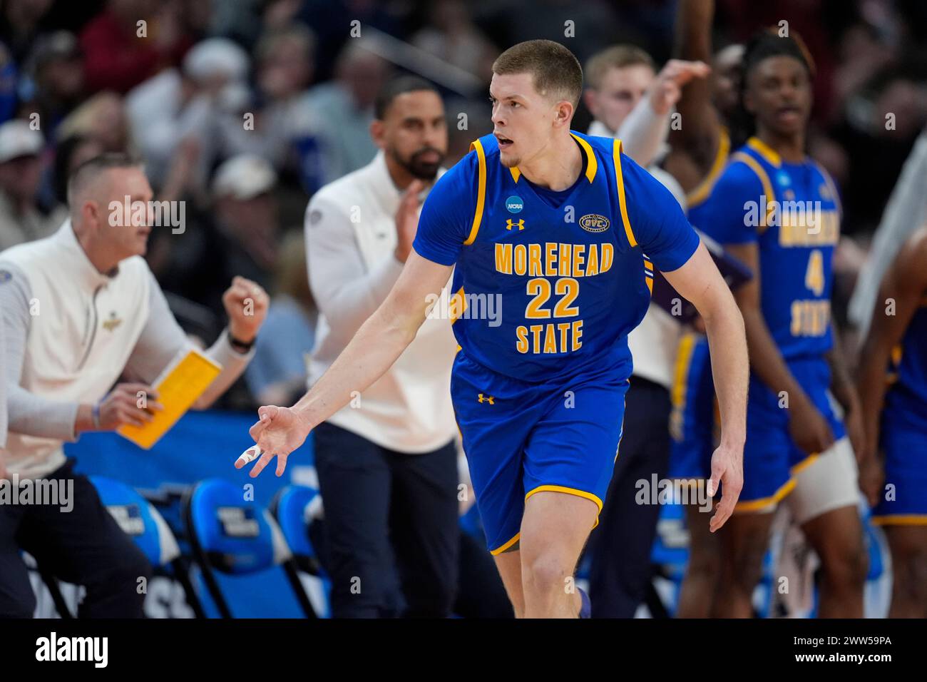 Morehead State guard Riley Minix (22) celebrates after a three-point ...
