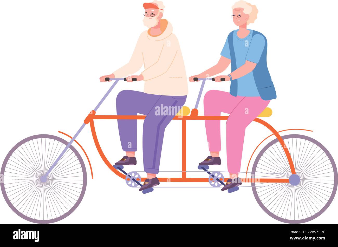 Senior couple ride tandem bike. Active old people isolated on white ...