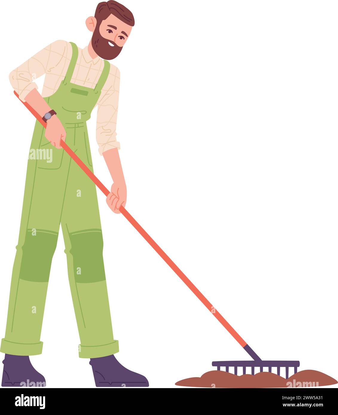 Man raking ground. Soil work gardener tool isolated on white background ...