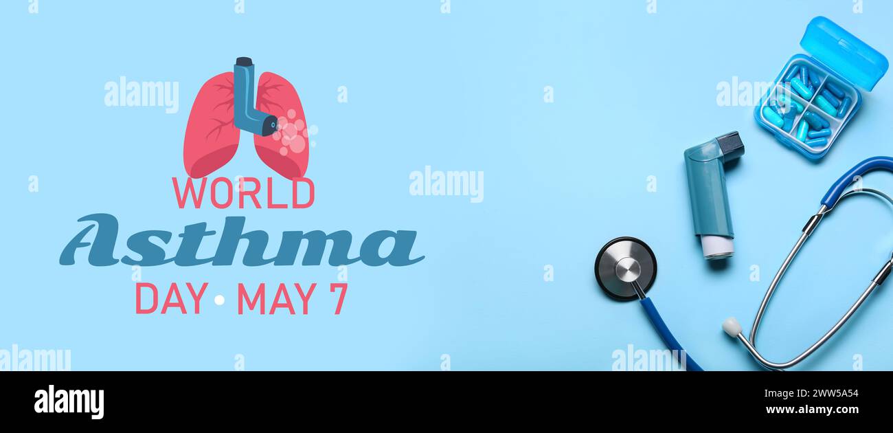 Inhaler, stethoscope and pills on light blue background. Banner for ...