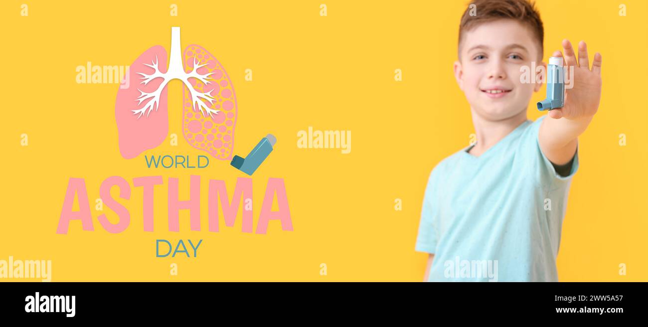 Banner for World Asthma Day with little boy holding inhaler Stock Photo ...
