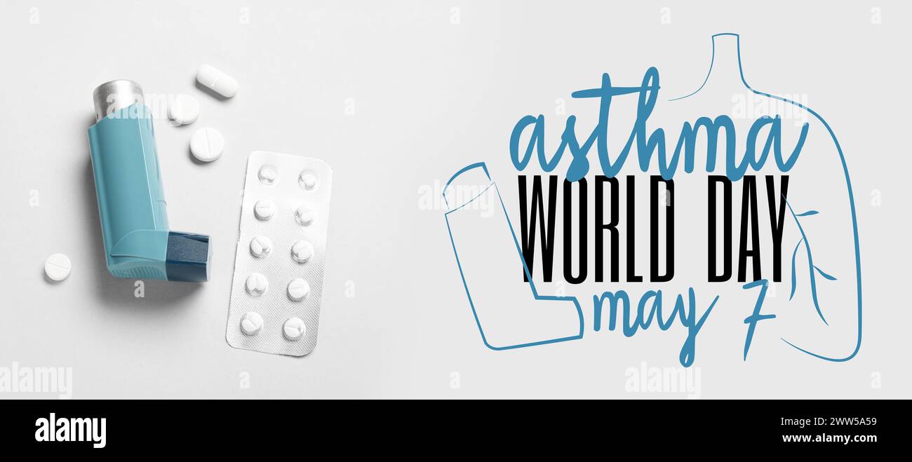Banner for World Asthma Day with inhaler and pills Stock Photo - Alamy