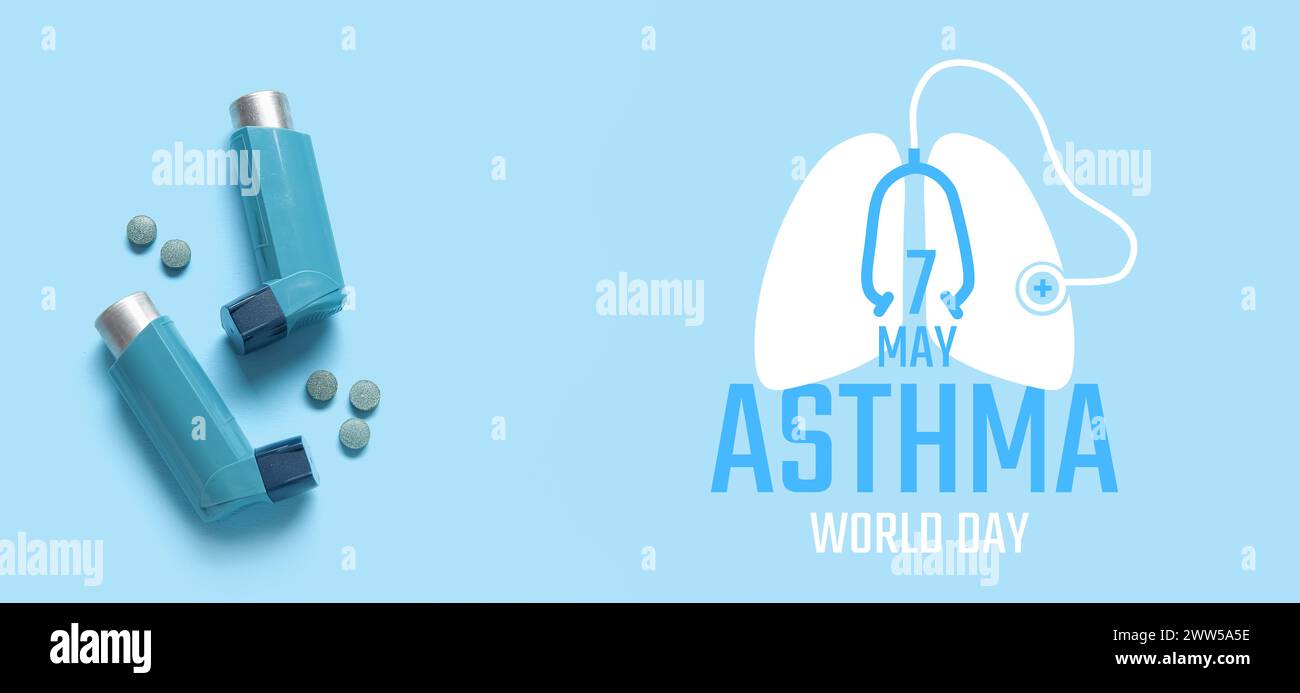 Banner for World Asthma Day with inhalers and pills Stock Photo - Alamy