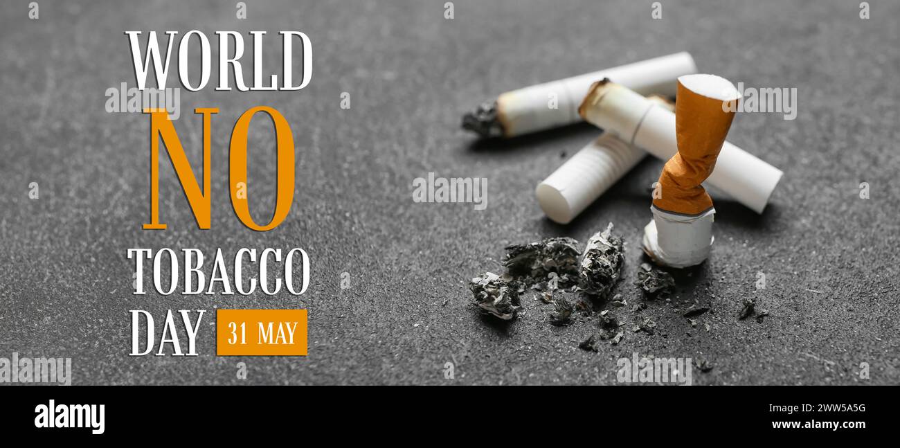 Cigarette stubs on grey background. Banner for World No Tobacco Day ...
