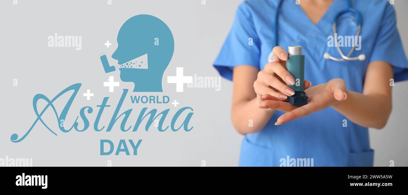 Banner for World Asthma Day with doctor holding inhaler, closeup Stock ...